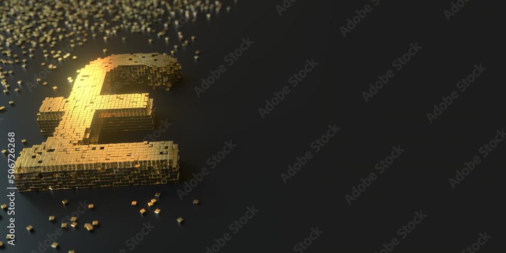 Pound sterling symbol made with golden blocks. Digital currency or ...