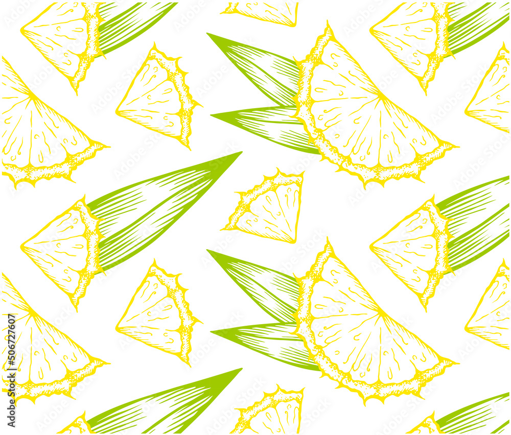 Sketch hand drawn tropical pattern with sliced yellow pineapple and ...