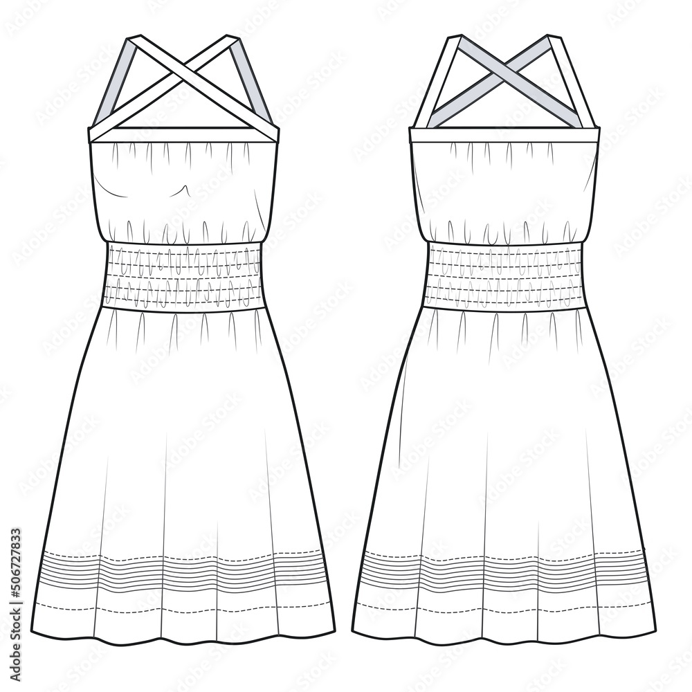 Girl's mini Dress fashion flat design CAD. Women's Dress with shoulder ...