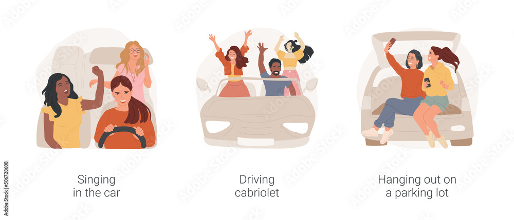 Driving the first car isolated cartoon vector illustration set. Diverse ...