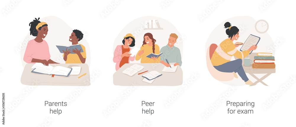 Doing homework isolated cartoon vector illustration set. Parent help ...