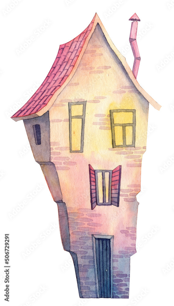 Cute cartoon tiny house perspective drawing. Watercolor hand painted ...