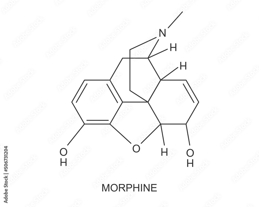 Morphine chemical molecular structure icon. Medical opioid drug formula isolated on white ...