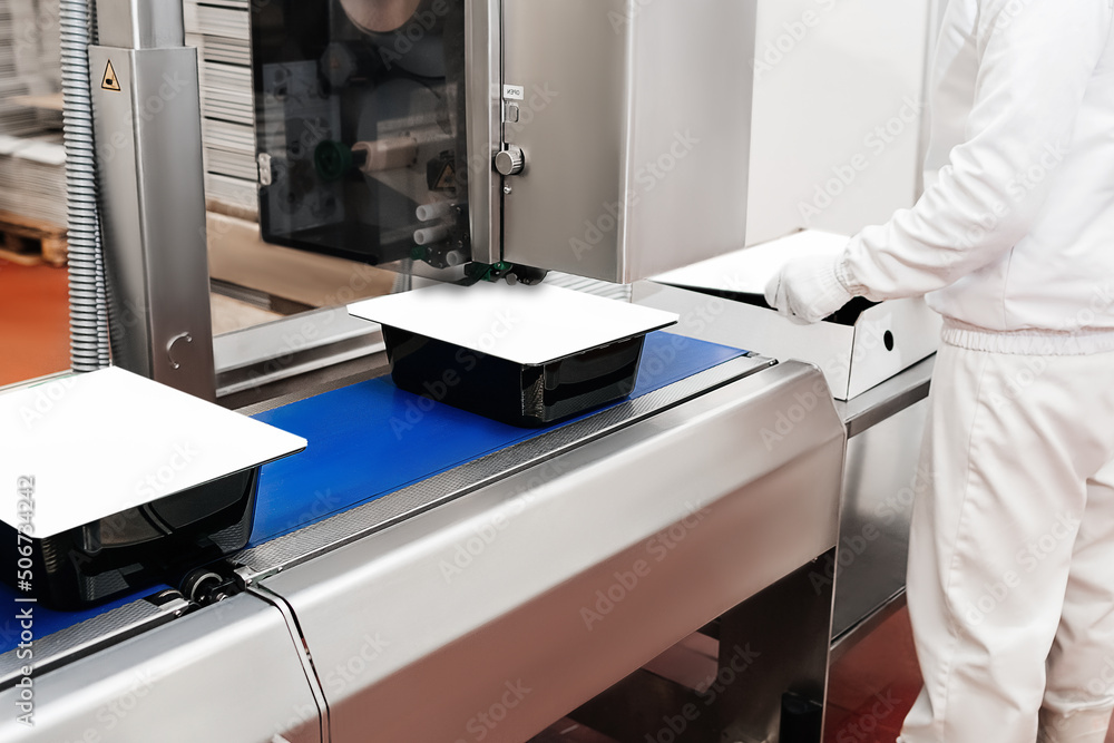 Automated production line in modern food factory.People working.Chicken ...