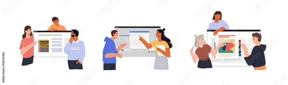 Teams set presenting projects. Groups of men and women talk about ...