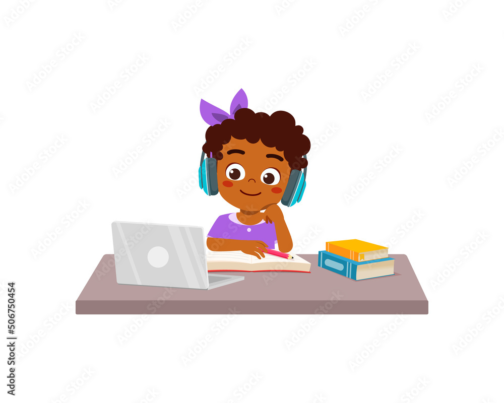 little kid do online education in home Stock Vector | Adobe Stock