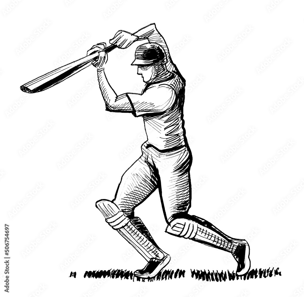 Cricket player. Ink black and white drawing Stock Illustration | Adobe ...