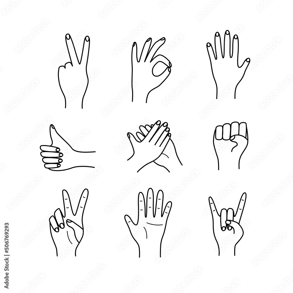 Hand gestures, vector illustration set of icons of various hand signs ...