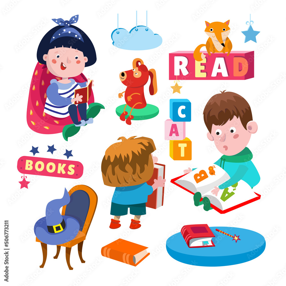 Set cartoon characters, book shop items. Vector colored isolated ...