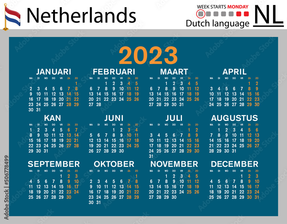 Dutch Horizontal Pocket Calendar For 2023 Week Starts Monday Stock dutch-horizontal-pocket-calendar-for-2023-week-starts-monday-stock