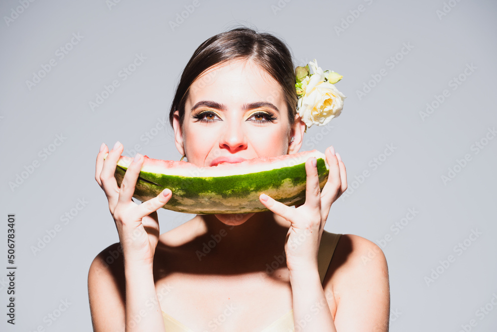 Sexy Girl Eating A Watermelon Fashion Glamor Portrait Of Beautiful