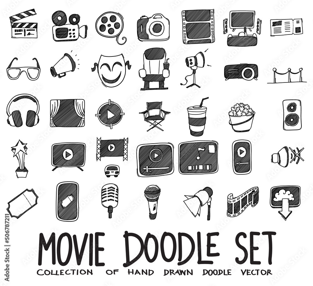 Movie Doodle vector icon set. Drawing sketch illustration hand drawn ...