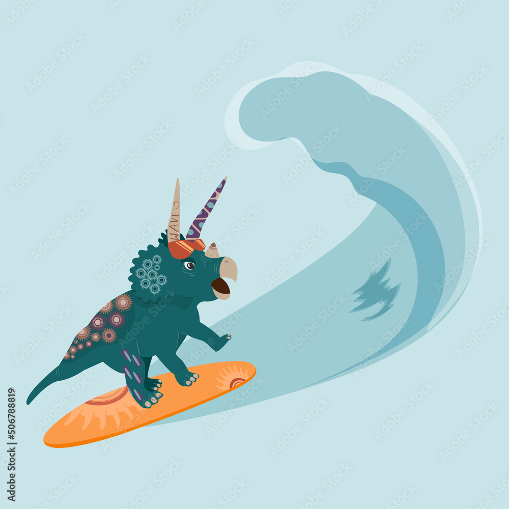 Painted dinosaur on surfboard in cartoon style Stock Vector | Adobe Stock