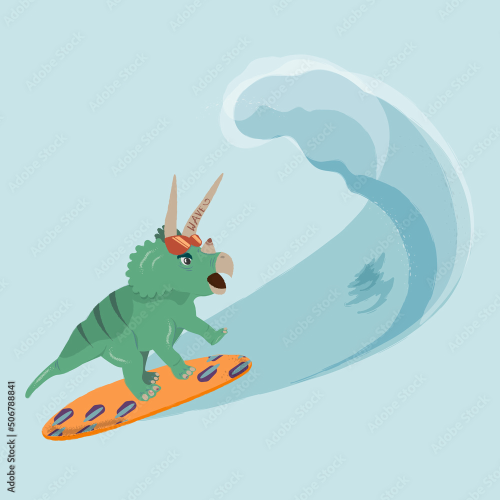 Dinosaur on surfboard in hand-drawn cartoon style Stock Vector | Adobe ...