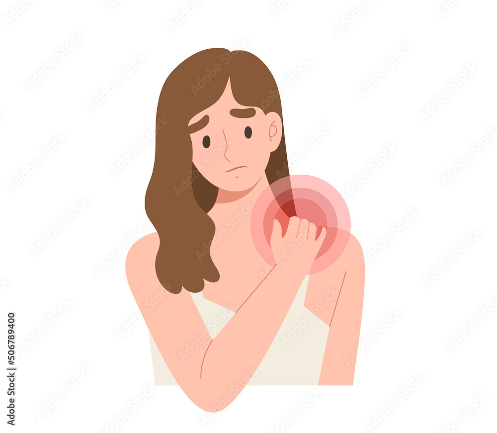 Young female touching her shoulder with pain sign. Concept of muscle ...