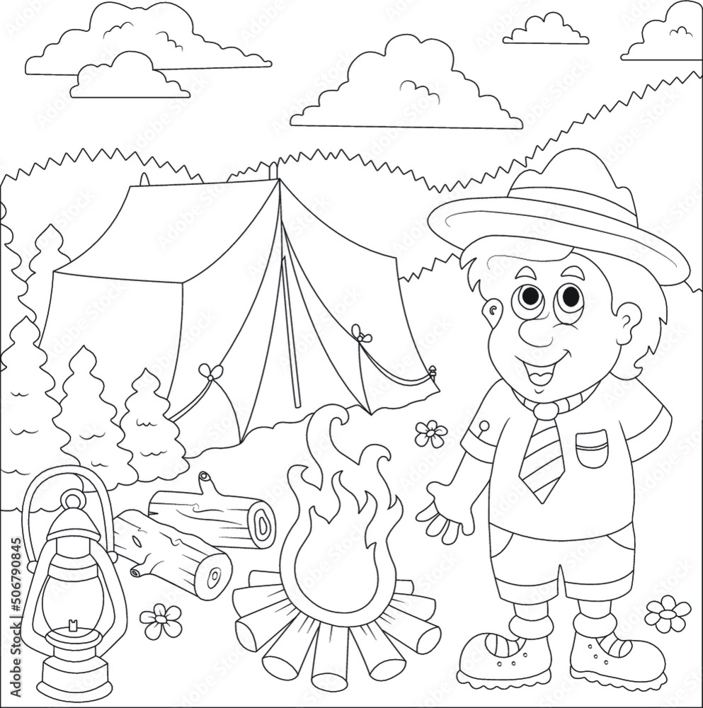Summer camping coloring page for kids Stock Vector | Adobe Stock