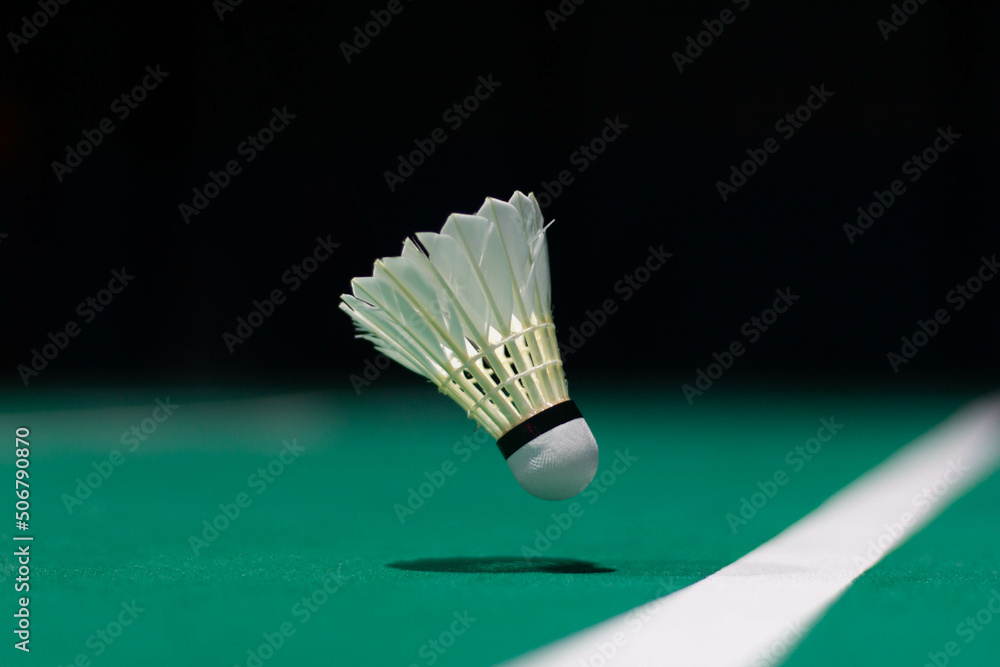 Shuttlecock floating on a green badminton court. Background, taken in ...