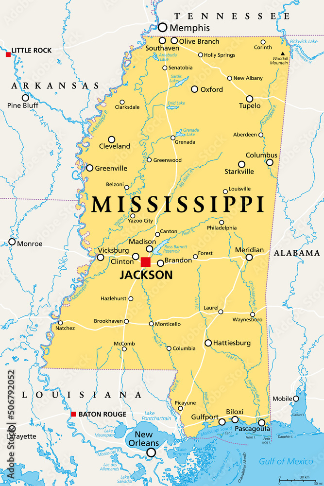 Plagát Mississippi, MS, political map, with capital Jackson, important ...