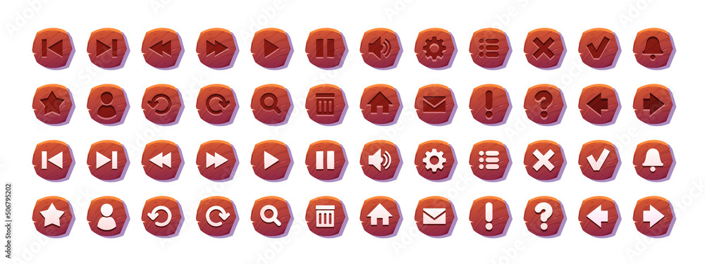 Circle buttons with wooden texture and icons for game menu interface or ...