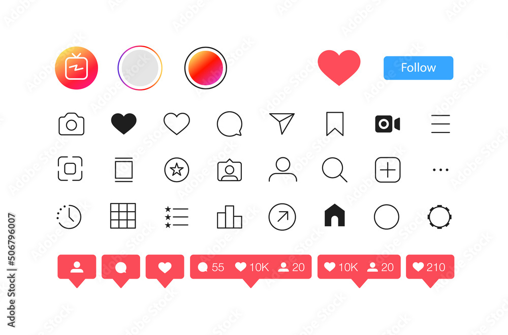 Website line icons social media icons user. Stories user button, symbol ...