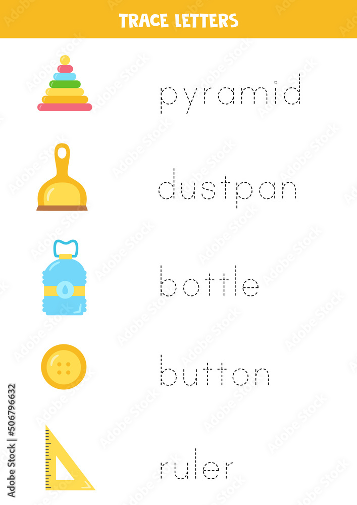 Trace words. Educational game for kids. Plastic objects. Stock Vector ...