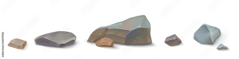 Boulders, big and small stones, hard rock rubbles. Vector realistic set ...