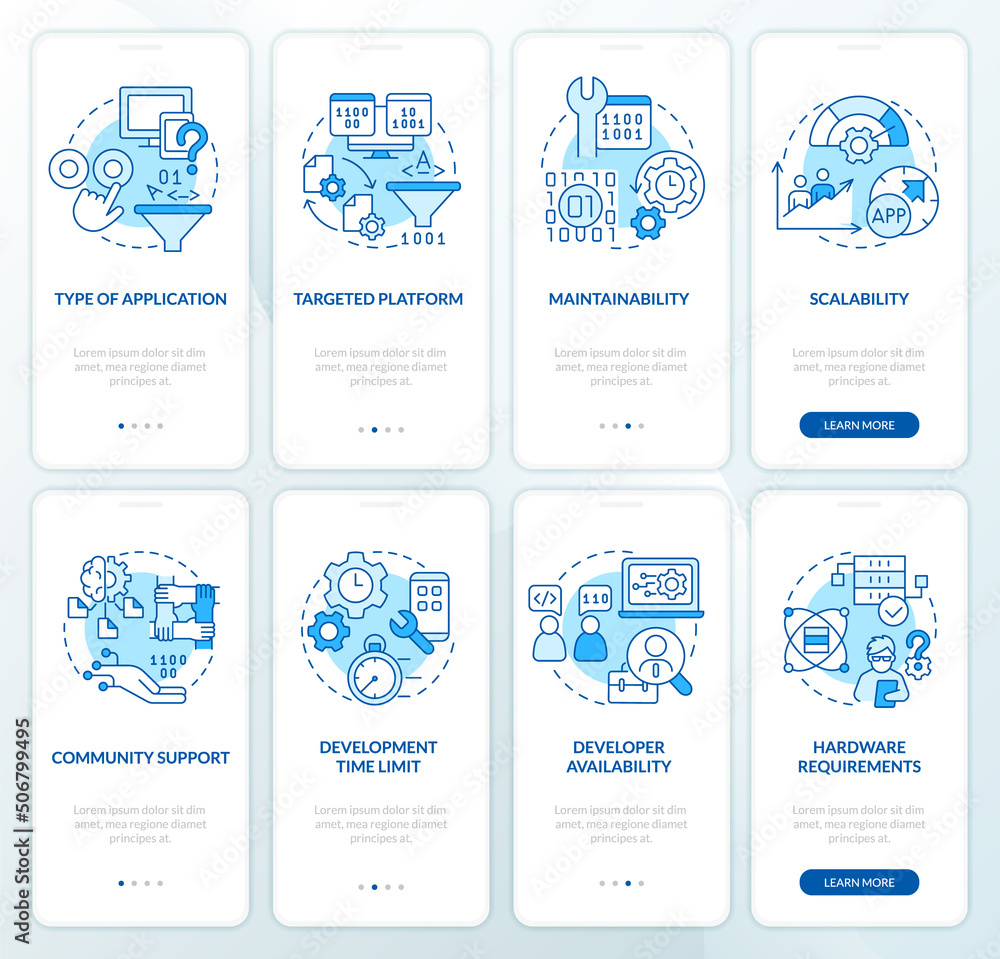 Programming language choice blue onboarding mobile app screen set. Walkthrough 5 steps graphic ...