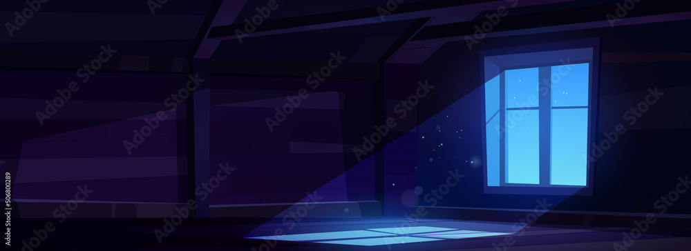 Empty house attic at night. Blank storage under roof of residential ...