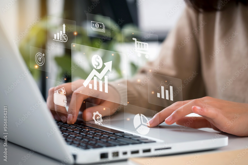 Inflation Concept. women using a laptop with an Increasing diagram of ...