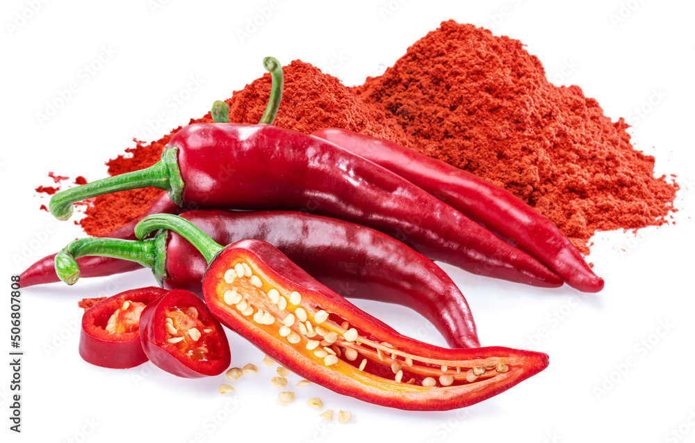 Fresh red chilli peppers and cross section of chilli pepper with seeds ...