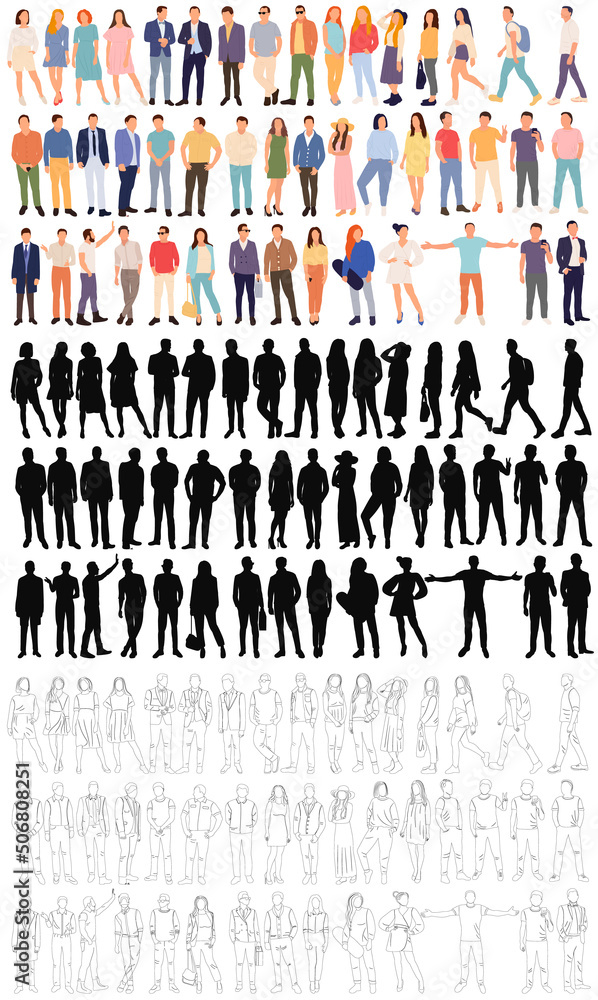 people set silhouette, sketch on white background, isolated, vector ...