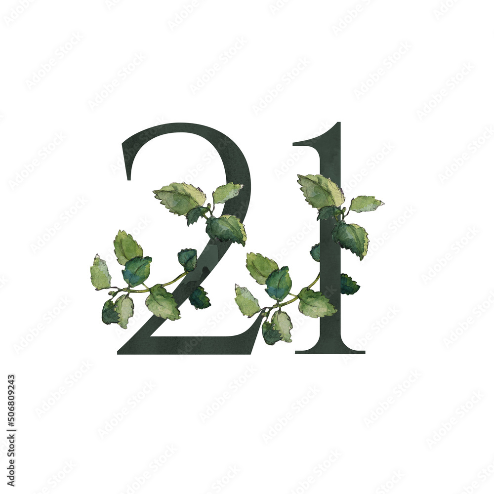 Dark green decorative floral alphabet - number Twenty one (21) symbol ...
