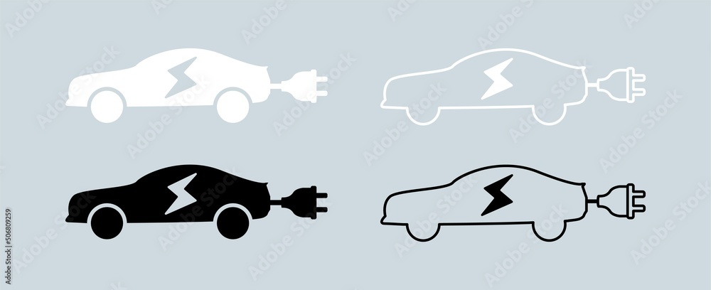 Electric car with plug icon symbol in black and white colors. Electric ...