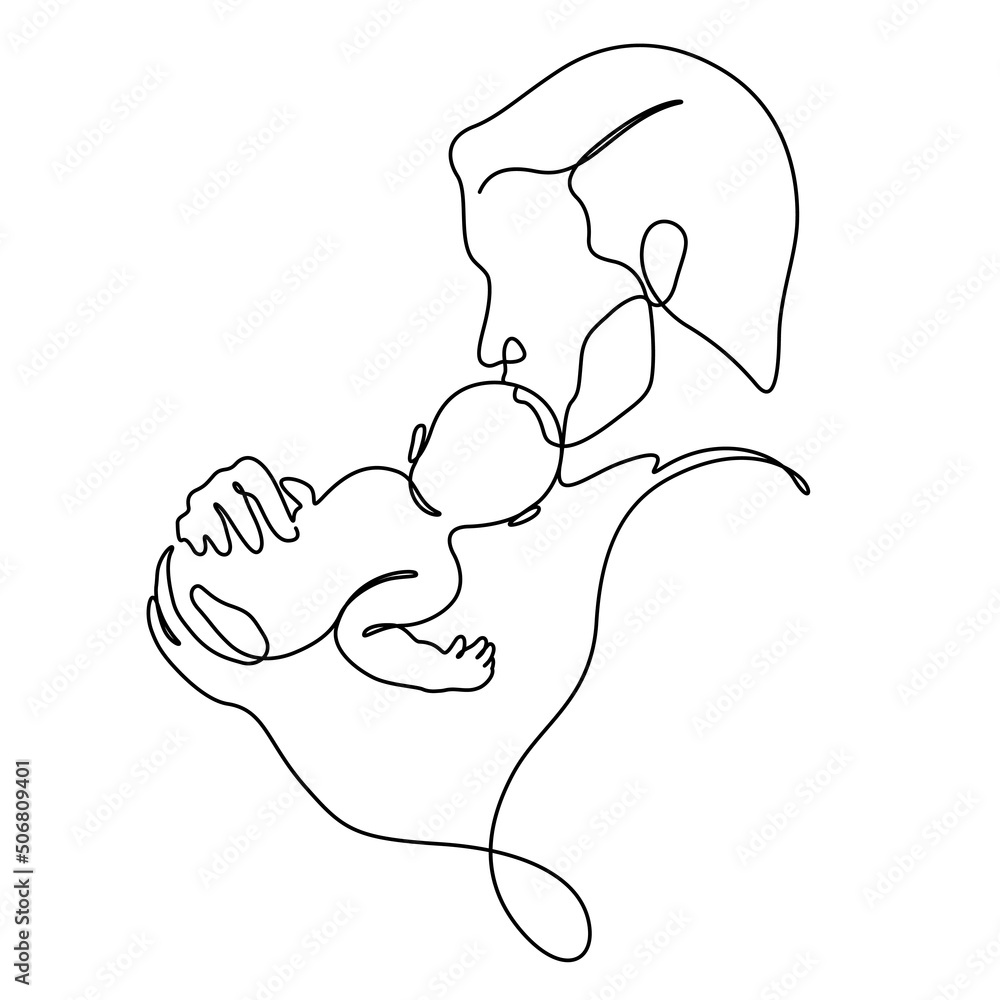father and baby in a warm hug line art vector illustration. One line ...