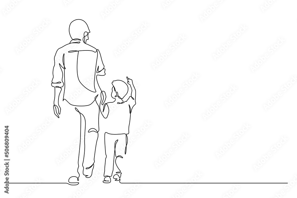 Father walking with son and holding hands line art vector illustration ...