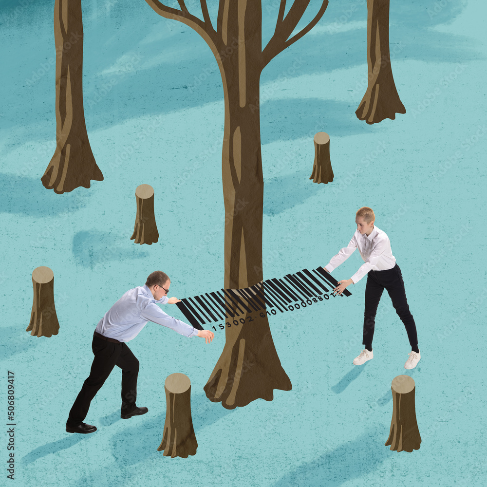 Contemporary art collage. Conceptual image of people cutting down trees with a barcode ...