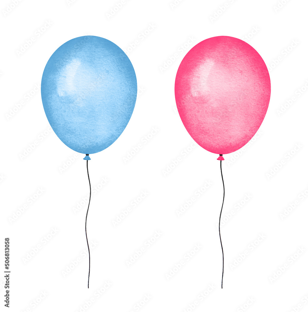 Water color illustration set of two air balloons in different colours ...