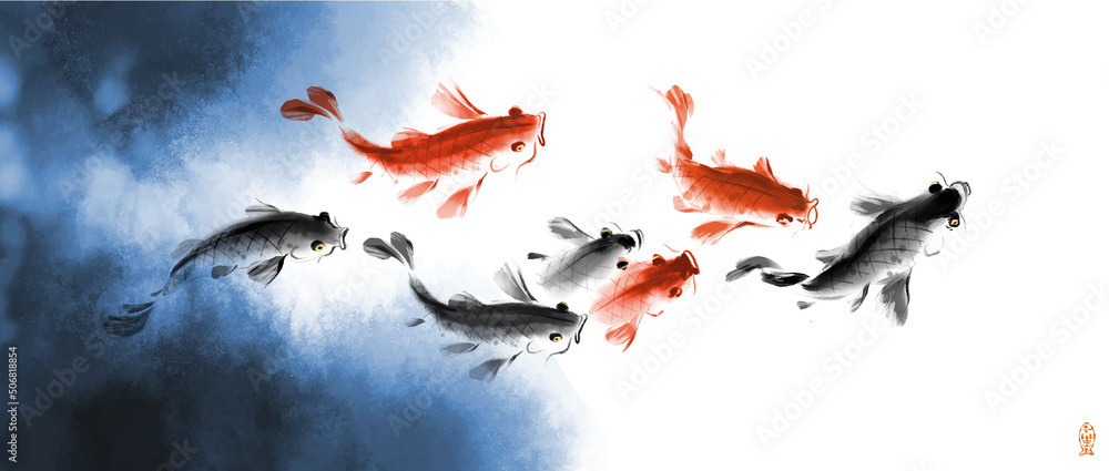 School of koi carps in blue water. Traditional oriental ink painting ...