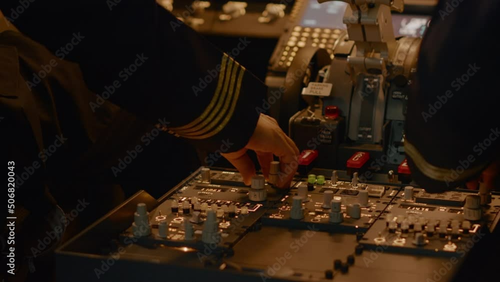 Plane aircrew preparing for aviation flight with dashboard command ...