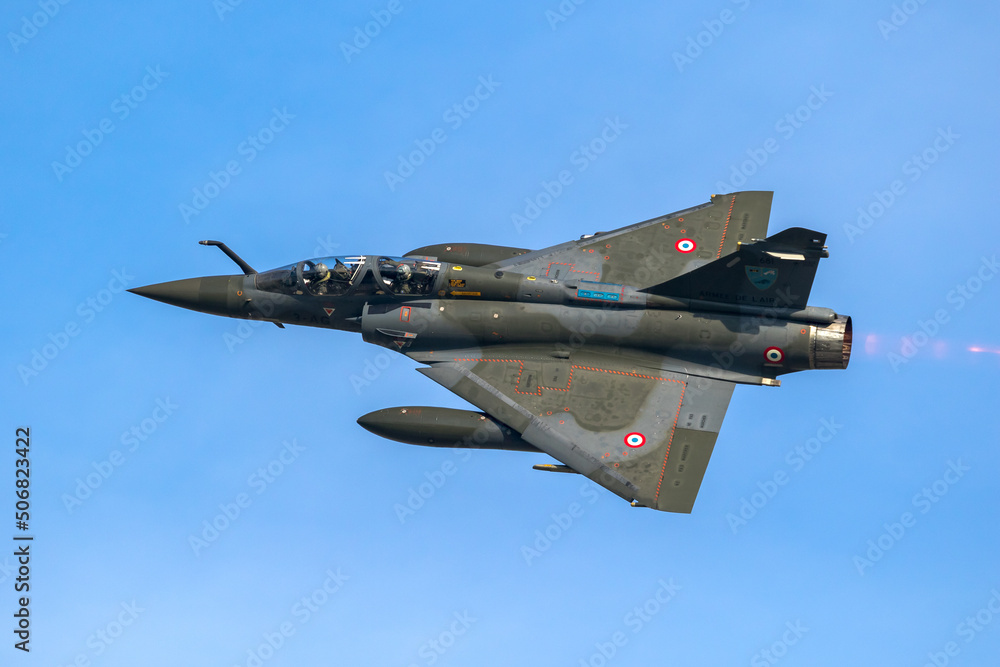 French Air Force Dassault Mirage 2000 fighter jet plane in flight ...