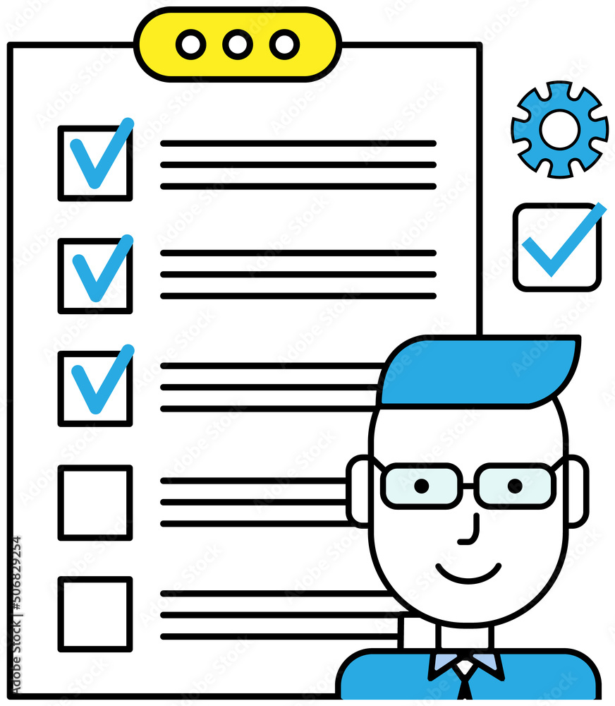 Vektorová grafika „Man stands at big complete checklist icon, worksheet ...