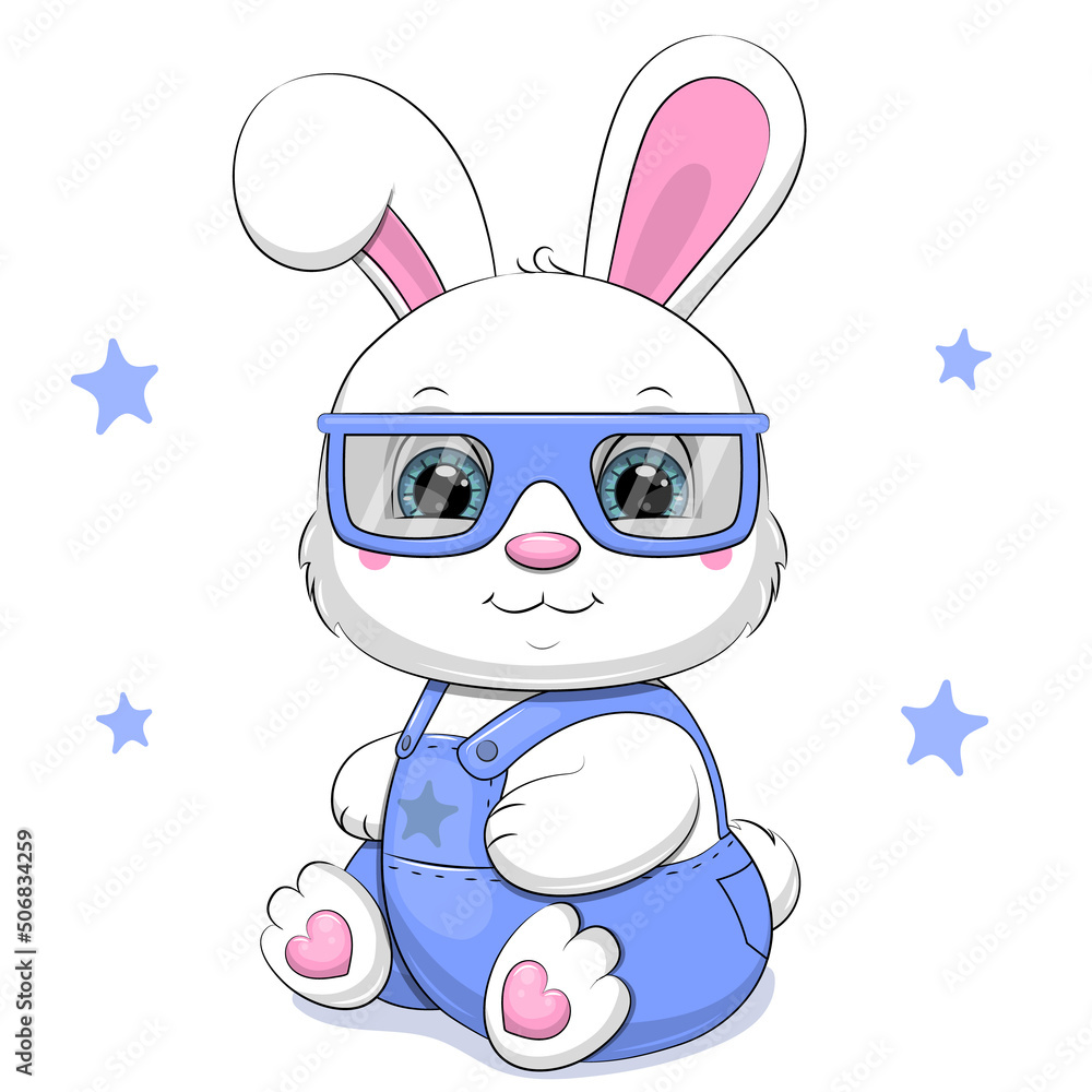 Cute cartoon white bunny in blue overalls and glasses. Vector ...