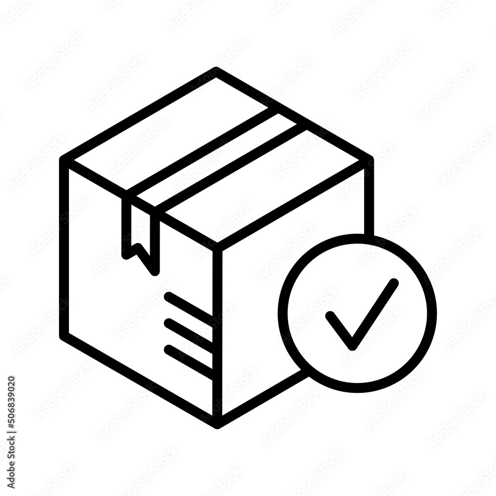 Parcel and checkmark icon, line art outline parcel with tick, concept ...
