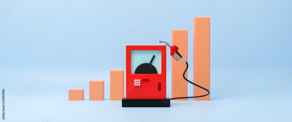 Gas station pump with financial growth bar chart isolate on blue ...
