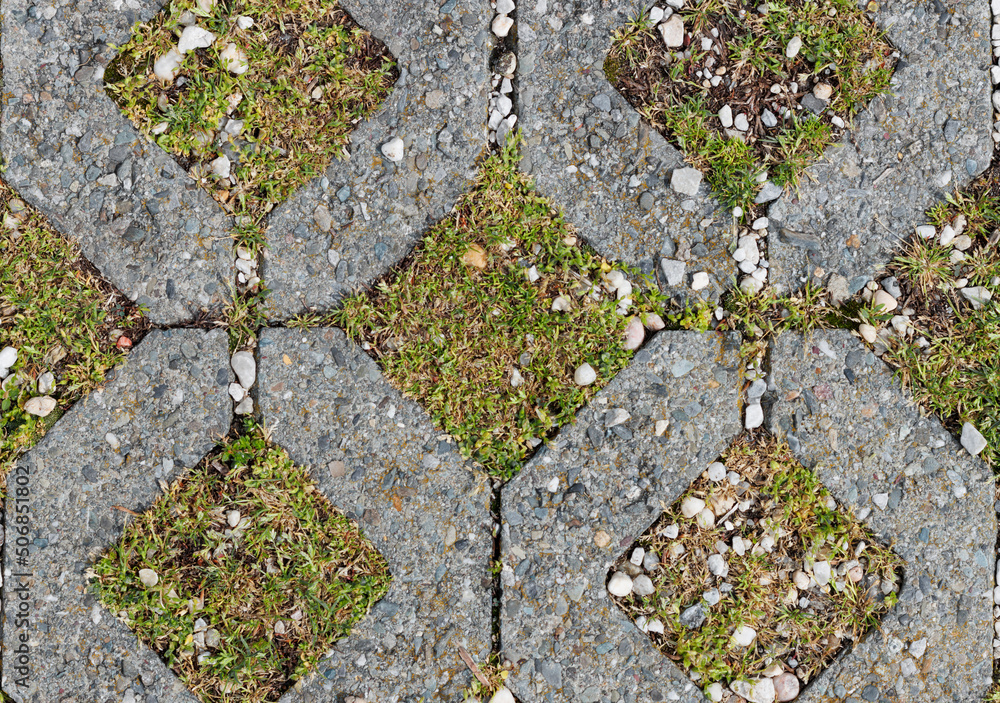 open lattice pattern concrete pavers, with natural grass growing in ...