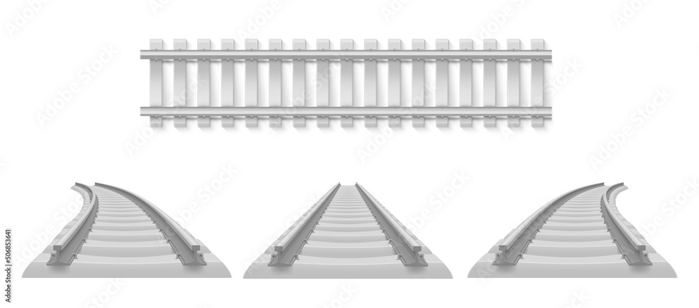 Realistic railway set vector illustration. Collection metallic train ...