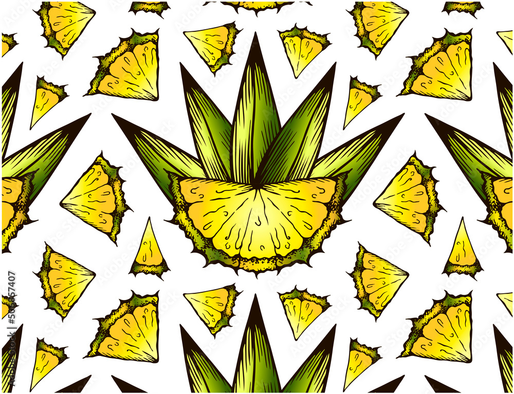 Sketch hand drawn tropical pattern with sliced yellow pineapple and ...