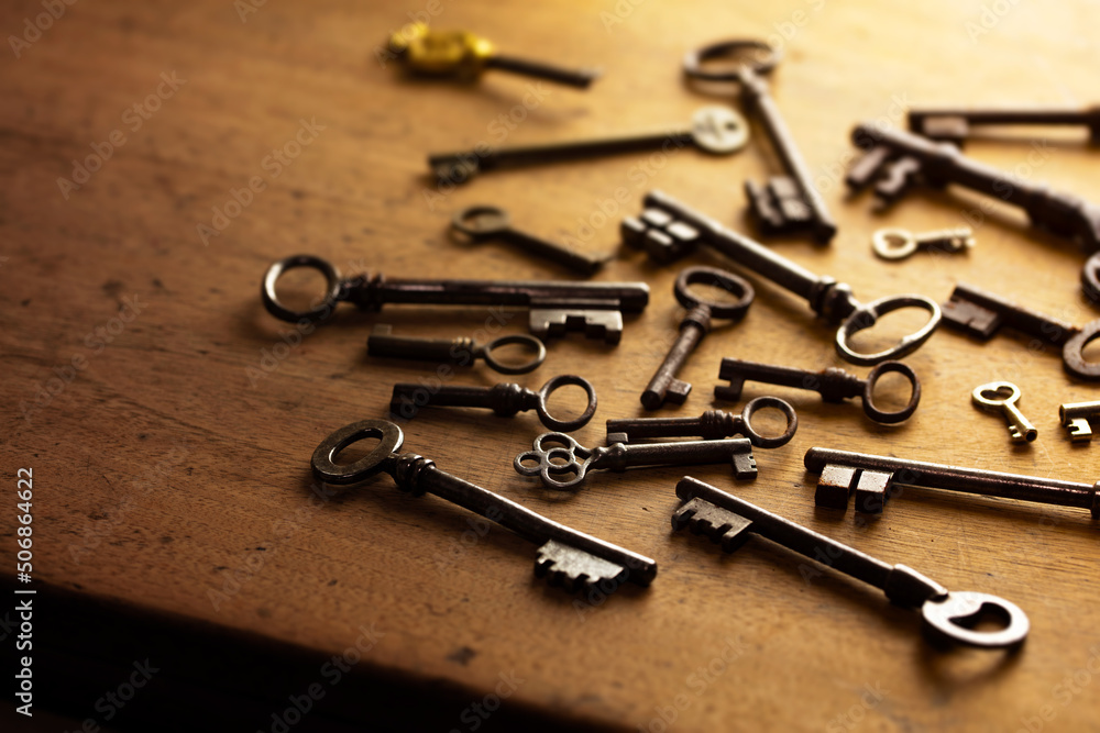 Encryption and Security concept image. Old and vintage keys, arranged ...