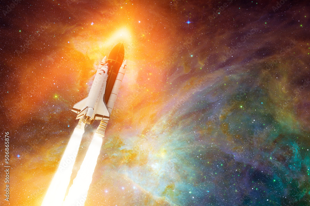 Spaceship flight. Glowing space shuttle with smoke and blast takes off ...