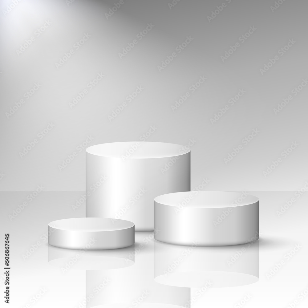 Three silver stages with spotlight. 3d rendering big, medium and small ...